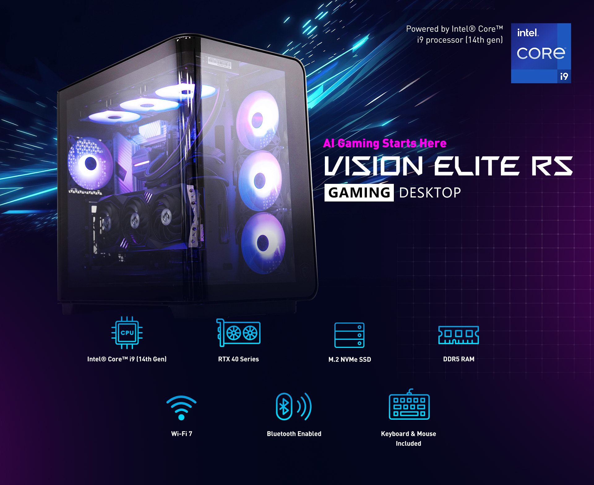 MSI Vision Elite RS Gaming Desktop, Intel Core i9-14900KF, GeForce RTX 4080 SUPER, 32GB DDR5 ...